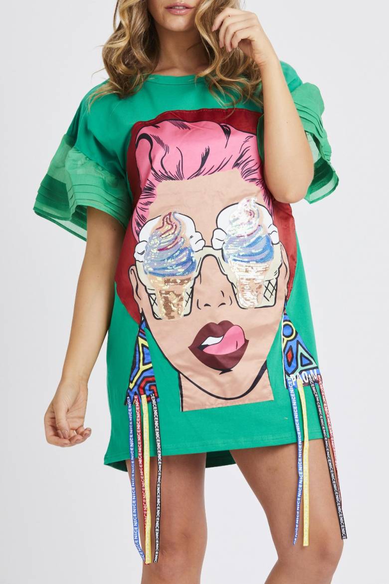 Rochie mini tip tricou. Model oversized cu imprimeu - Ice Cream Green